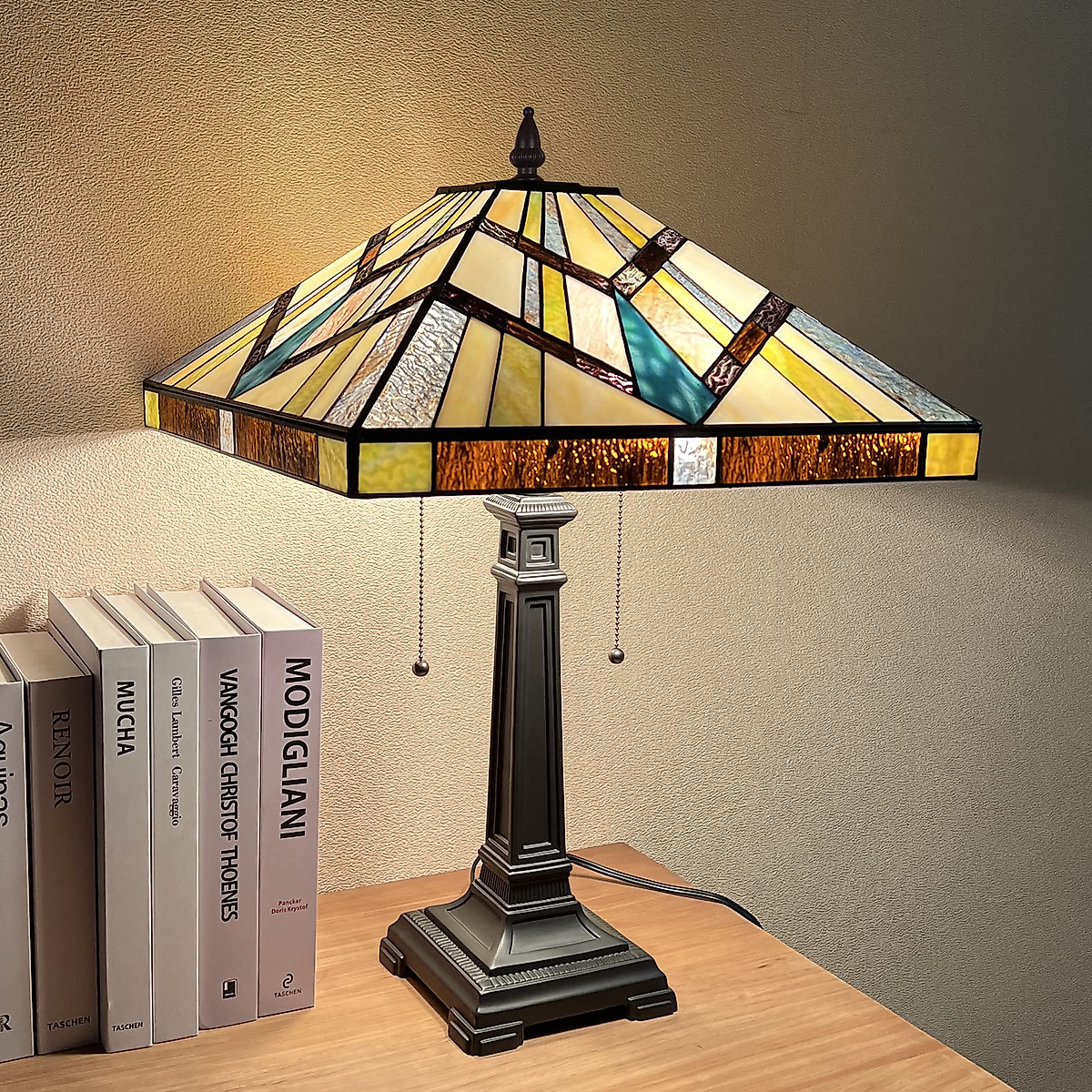 Capulina Tiffany Style Table Lamp 2-Light 16 Inches Wide Cream Amber Antique Mission Style Stained Glass Desk Lamp for Bedrooms Living Room Study Home Office
