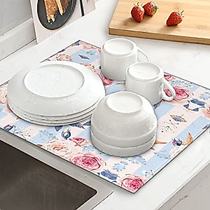 Flowers Stripe Printed Drying Mat For Kitchen Ultra Absorbent Microfiber Dishes Drainer Mats Non-Slip Silicone Quick Dry Pad - 18 X 16inch