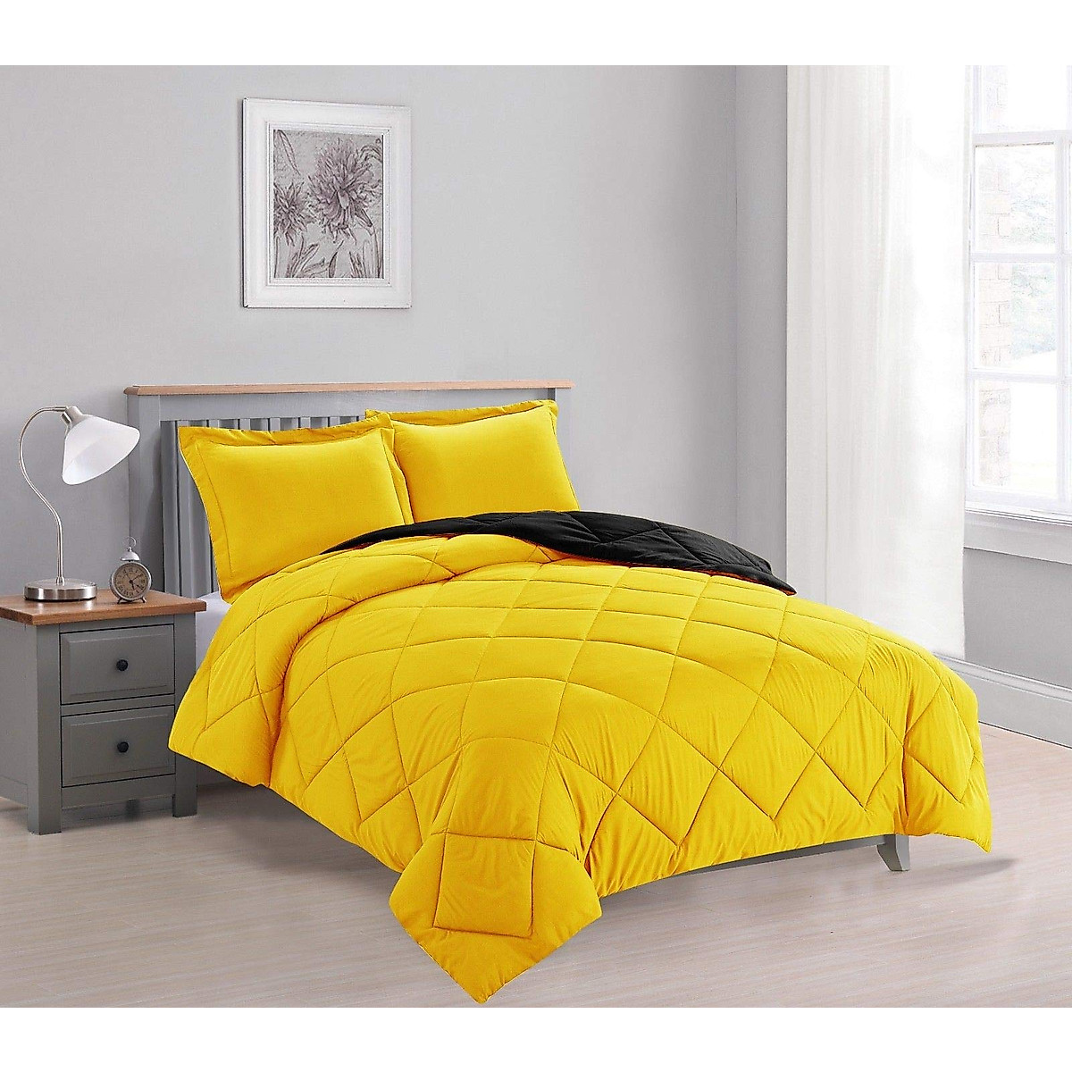 Empire Home 3-PC Reversible Down Alternative All Season Comforter Set with (Yellow/Gray, King Size)