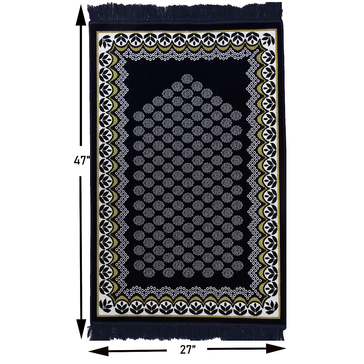 Modefa Turkish Islamic Velvet Prayer Rug - Thin & Lightweight Praying Carpet - Muslim Janamaz Sajadah for Men & Women - Ramadan or Eid Gift - Kufi Cap & Beads - Floral Daisy Arch (Navy Blue)