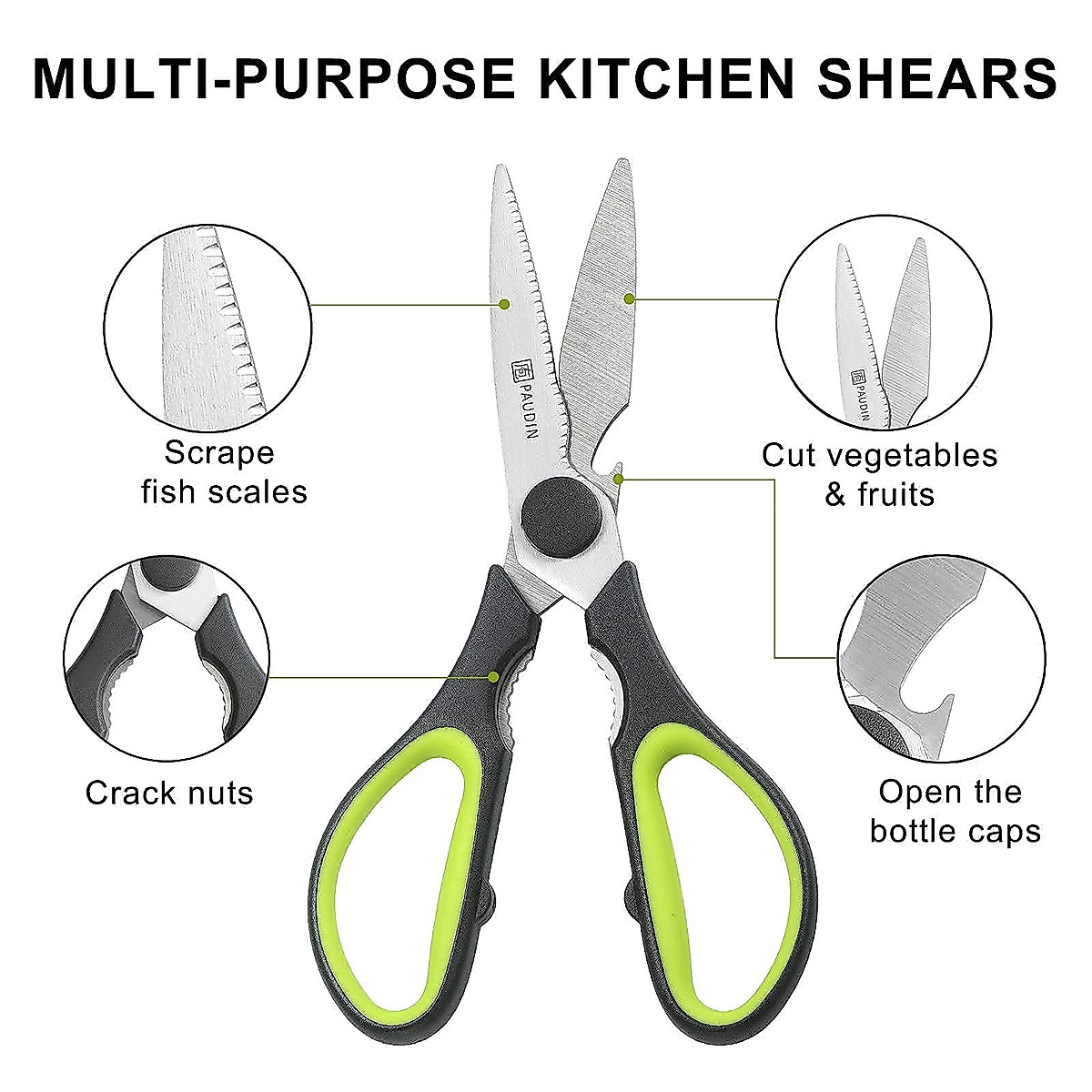 PAUDIN Kitchen Shears, Premium Stainless Steel & Ultra Sharp Shears Come Apart with Comfortable Grip, Multipurpose Utility Food Scissors for Meat, Pizza, Chicken, Fish, Salad, Herbs, BBQ, Black Green