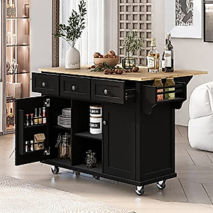 KELRIA Kitchen Cart with Drop-Leaf Countertop, Kitchen Island on 5 Universal Wheels with Open Shelves, Storage Cabinet and 3 Drawers, Large Rubberwood Top Breakfast Bar for Dining Room