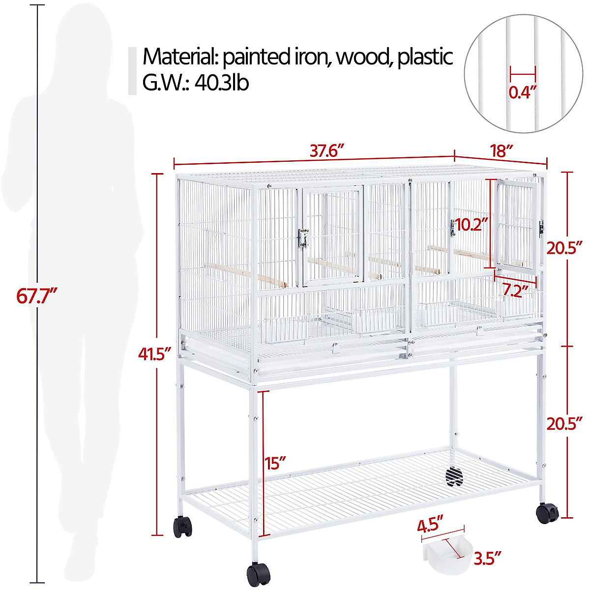 Topeakmart Divided Breeder Bird Cage for Parakeet Canary Lovebird Finch Budgie with Detachable Rolling Stand, White