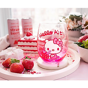 Sanrio Hello Kitty Strawberry Sip Stemless Wine Glass Tumbler Cup For Cocktails | Holds 20 Ounces