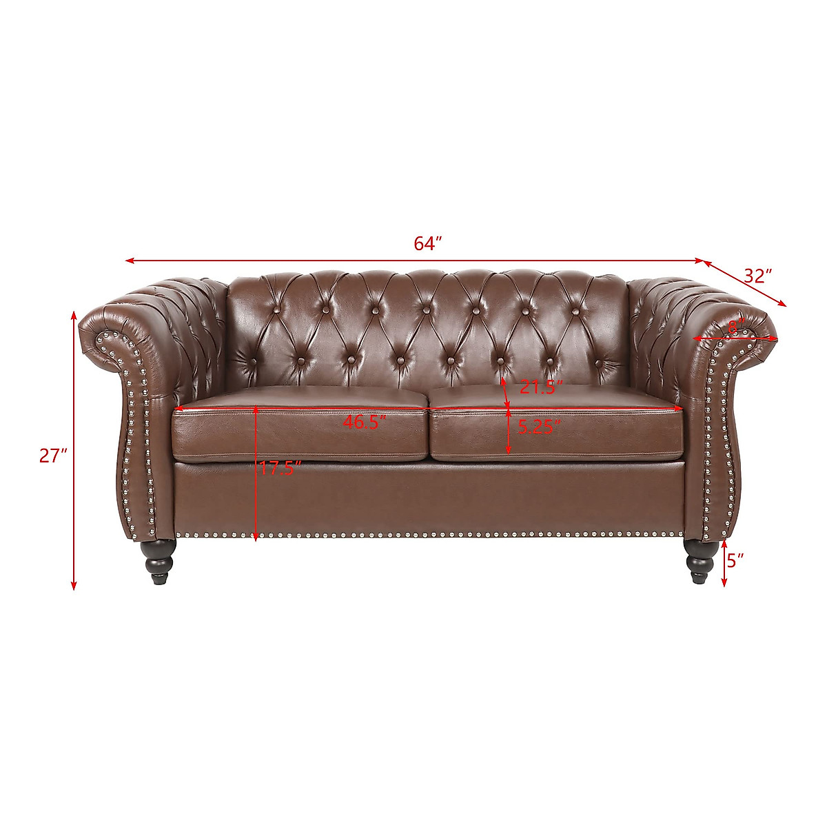 FOKWE Chesterfield Loveseat Leather, Modern Upholstered Tufted Couch 2 Seater with Rolled Arms and Nailhead for Living Room, Bedroom (Dark Brown)