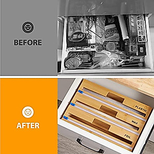 Saran Wrap Organizer with Cutter – a Kitchen Drawer Organizer for Foil and Plastic Wrap Cutter with 3 Free Rolls - Storage for Plastic Wrap and Foil