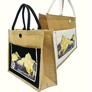 Mount Everest Jute Reusable Grocery Bag, Tote Bag, Canvas Tote Bag, Grocery bag -Black & White (Pack of 2)
