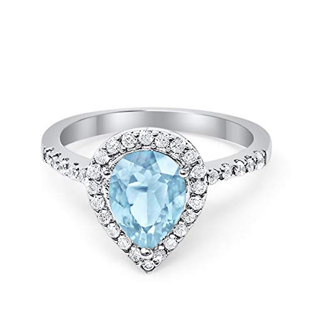 Blue Apple Co. Halo Teardrop Bridal Filigree Ring Pear Simulated Aquamarine CZ Round Cubic Zirconia 925 Sterling Silver, Size-6