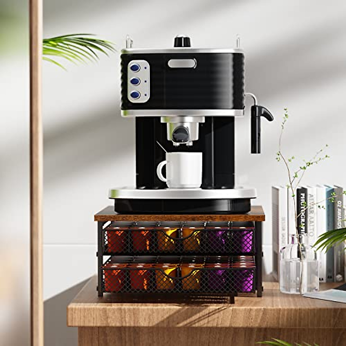 Coffee Pod Drawer K Cup Organizer 2-Tier Coffee Pod Storage Holder with Drawer Baskets 72 Capacity Coffee Capsule Storage Organizer Drawer, Industrial Brown and Black