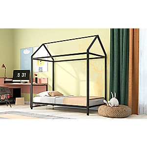 AOCOROE Twin Size House Bed Frame Floor Height Platform Bed for Boys and Girls. Metal Twin Bed House Shaped Canopy Bed Frame with Slats