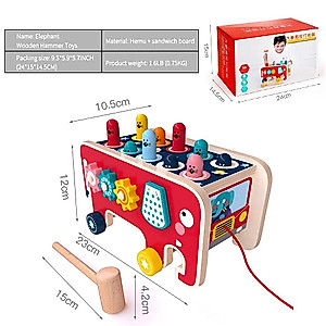 NUKied Wooden Hammering and Pounding Toys, Wooden Toys for 1 Year Old with 2 Mallets Pull Along Elephant Gopher Toy, Montessori Toys for 1 2 3 Year Old Toddler Boys Girls Birthday