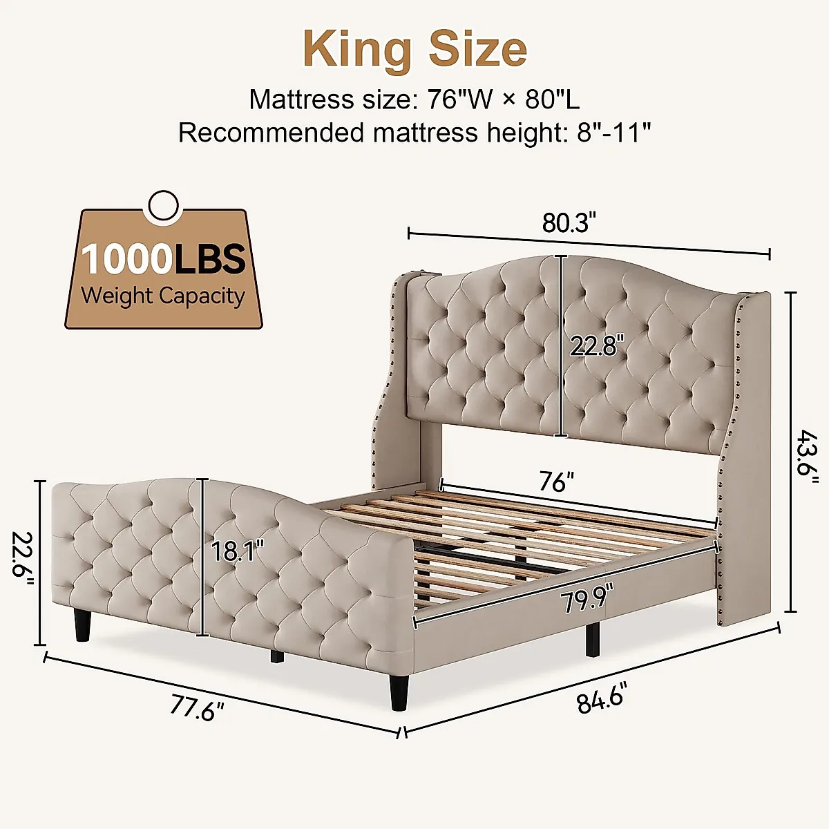 Amyove Tufted Upholstered Platform King Bed Frame with Headboard and Footboard, Velvet Platform Bed Raised Wing Back Headboard (Beige, King)