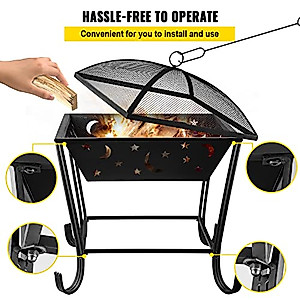 VEVOR BBQ Grill Fire Bowl, 24"x24" Wood Burning Pit, Solid Steel Wood Fire Pits, Wood Fire Pits Outdoor w/Spark Screen Cover, Fire Pits for Outside w/Stainless Steel Baking Net for Baking & Warming