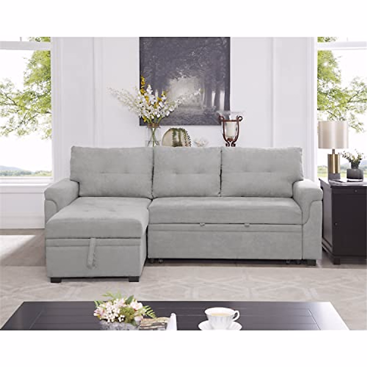 Perry Modern Sectional Sleeper Sofa with Pull Out Bed, Reversible Sleeper Sectional Sofa Bed, Best Sleeper Sofa Couch with 168L Storage, L-Shape Pull Out Couch Bed Sleeper Sofa - Gray,Velvet