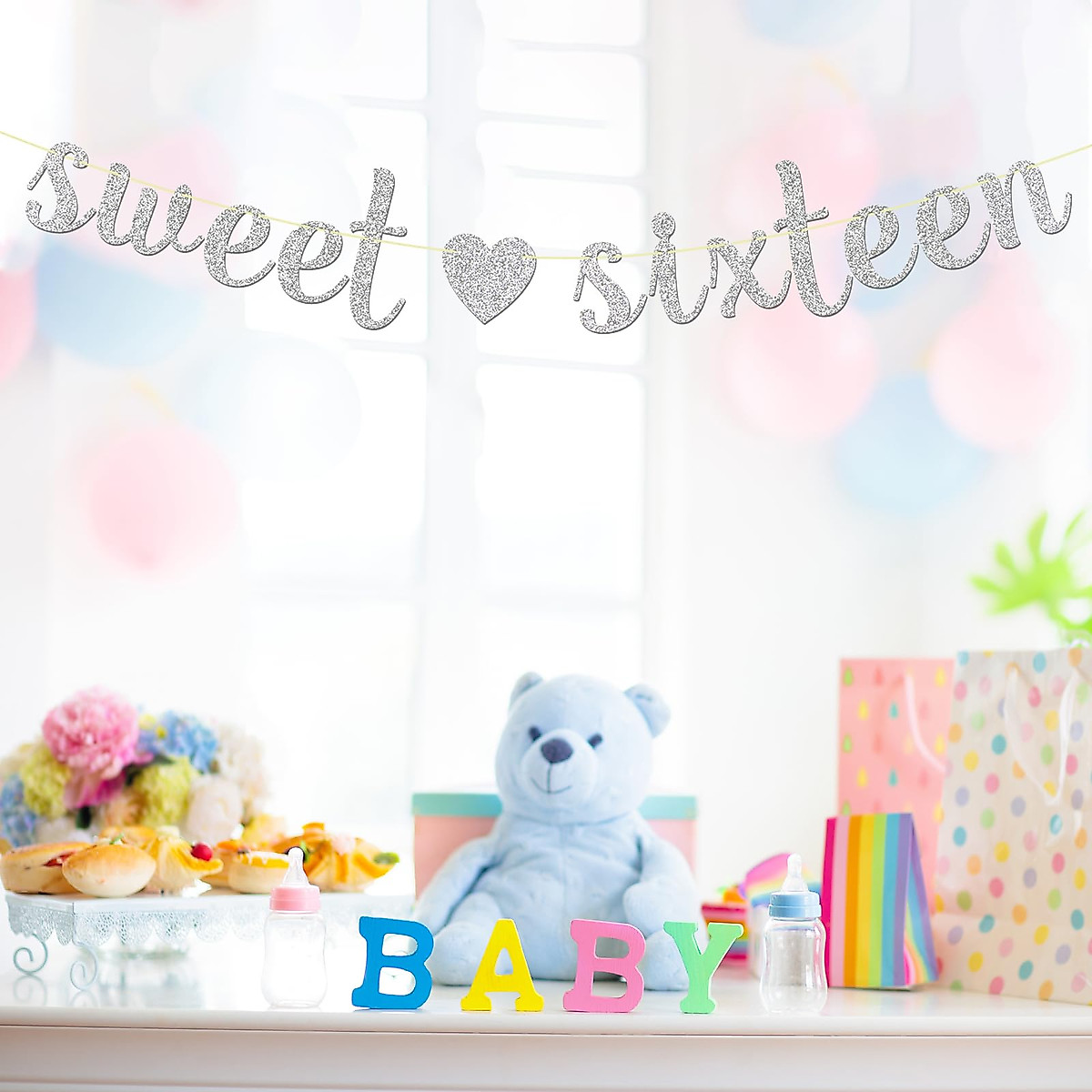 Silver Glitter Sweet Sixteen Banner - Happy 16th Birthday Banner - 16th Birthday Party Decorations for Girls - Sixteen Years Old Decorations