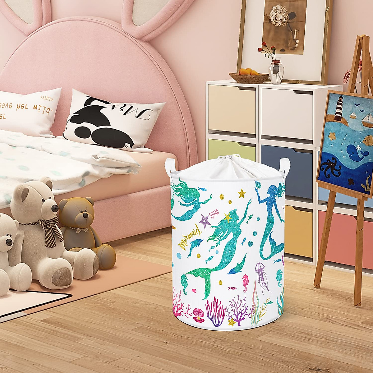 Clastyle 45L Blue Mermaid Nursery Hamper for Girls Collapsible Sea Coral Clothes Toy Baby Basket with Lid for Bathroom