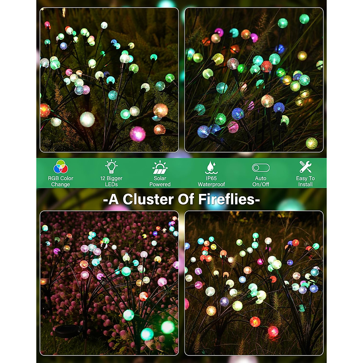 6 Pack 72 Big LEDs Colored Solar Firefly Lights Outdoor Waterproof-RGB Color Changing Solar Garden Lights-Swaying Dance Lights-Solar Powered Firefly Lights-Pathway Decoration Lights For Yard Christmas