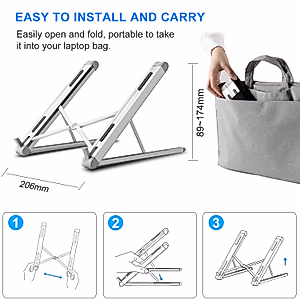 Jubor Laptop Stand, Portable Computer Laptop Mount, Aluminum Laptop Riser with 6 Levels Height Adjustment, Fully Collapsible, Supports up to 44lbs, Fits up to 17.3 Laptop - White
