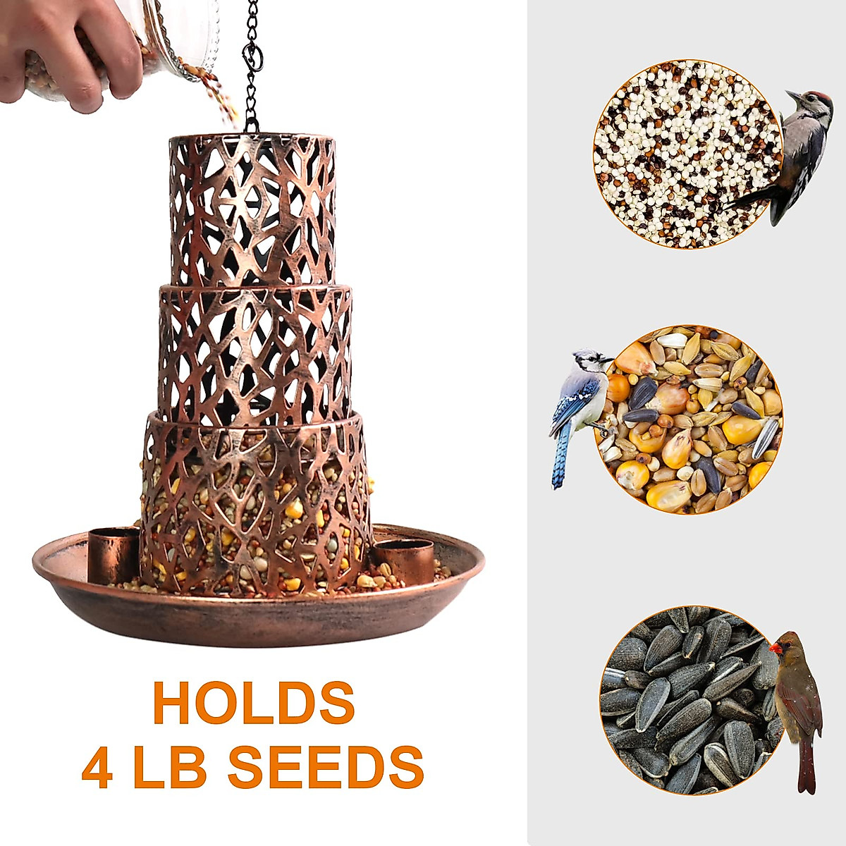 VGHELO Wild Bird Feeders for Outdoors Hanging, Metal Copper Bird Seed Feeders, Unique Hanging Bird Feeder for Backyard and Garden Decor