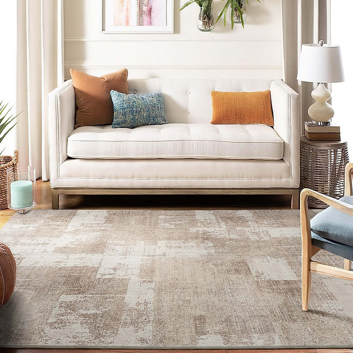 Area Rug Living Room Rugs 8x10 Washable: Indoor Soft Low Shaggy Fluffy Pile Carpet Abstract Decor Large for Bedroom Dining Room Under Kitchen Table Home Office - Beige/Ivory