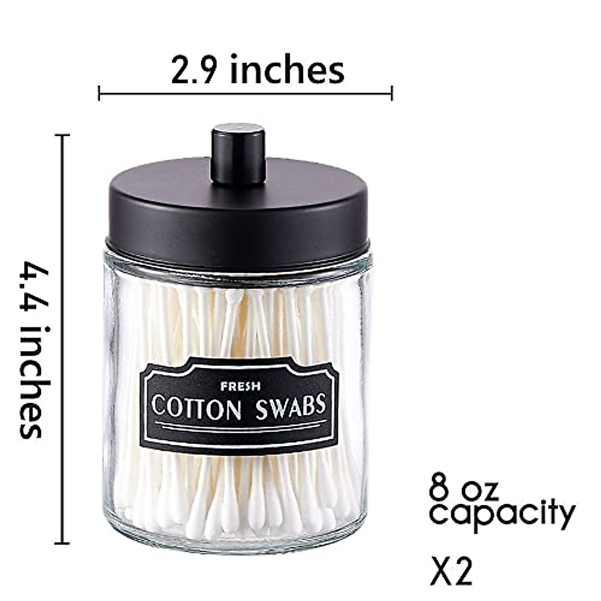 Elwiya Bathroom Apothecary Jars Set, Farmhouse Decor Glass Dispenser Holder for Qtip- Rustic Vanity Organizer with Stainless Steel Lids for Cotton Swabs, Rounds, Bath Salts, Ball/Black, 2 Pack