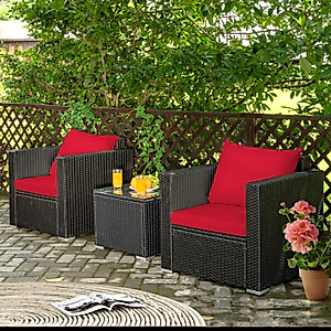Tangkula 3 Pieces Patio Furniture Set, PE Rattan Wicker Sofa Set w/Washable Cushion and Tempered Glass Tabletop, Outdoor Conversation Furniture for Garden Poolside (Red)