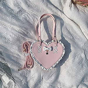 Kawaii Bowknot Heart Shaped Purses Cute Handbags Women Lolita Stitching Color Shoulder Bags (Pink)