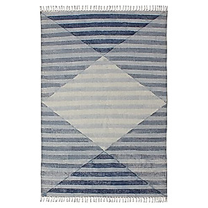 Casavani Hand Block Printed Cotton Dhurrie Striped Blue Tassel Rug Easy Care Washable Rugs for Doormat Entryway Living Room Bedroom Hallway Balcony 2x3 Feet