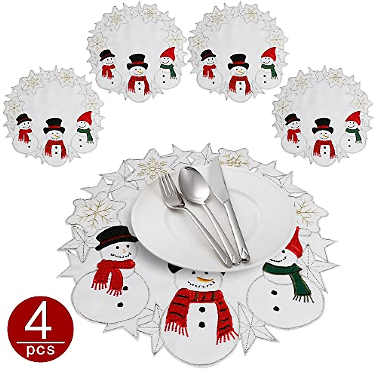 OWENIE Christmas Placemats Set of 4, White Snowman Round Place Mats for Holiday Kitchen Dining Table, Metallic Embroidered Cutwork Snowflakes for Kids, Xmas Party Decorations(4pcs, 15 inches Round)