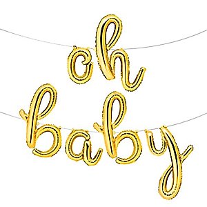 Envizins 16" Gold OH Baby Script Foil Balloons, for Baby Shower Decorations, Girl Gender Reveal, Straw and 32' Roll Ribbon Included