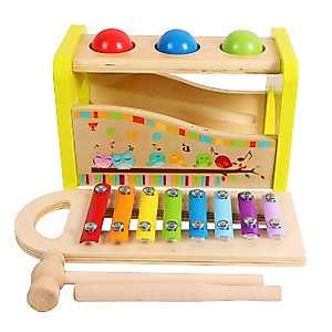 TOWO Wooden Hammer Ball and Xylophone Set - Mallet and Pegs Pound a Ball Tap Bench- Toys for Babies 1 Year Old Baby Boy Girl Toddler Gift - Small Motor Skill Sensory Musical Activity Toys for Kids