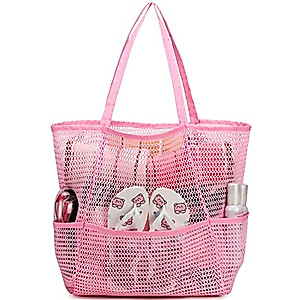 BTOOP Large Mesh Beach Tote Bag for Women Girls Cute Packable Pool Bags Shoulder Toys Handbag for Girls Family Travel Vacation
