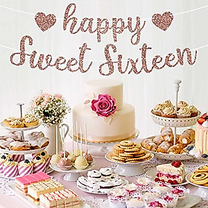 Pre-Strung Happy Sweet Sixteen Birthday Banner - NO DIY - Rose Gold Glitter Sweet 16 Party Banner - Pre-Strung Garland on 8 ft Strands - Rose Gold Birthday Party Decoration. Did we mention no DIY?