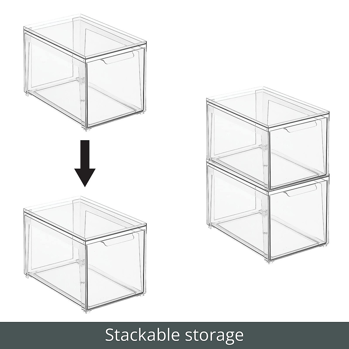 mDesign Plastic Stackable Closet Storage Organizer Bins with Pull Out Drawer for Cabinet, Desk, Shelf, Cupboard, or Dresser Organization - Lumiere Collection - 4 Pack - Clear