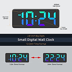 XUANZIT Wall Clock - LED Digital Wall Clock with Dynamic RGB Display, Big Digits, Auto-Dimming, 12/24Hr Format, Small Silent Wall Clock for Living Room, Bedroom, Farmhouse, Kitchen, Office