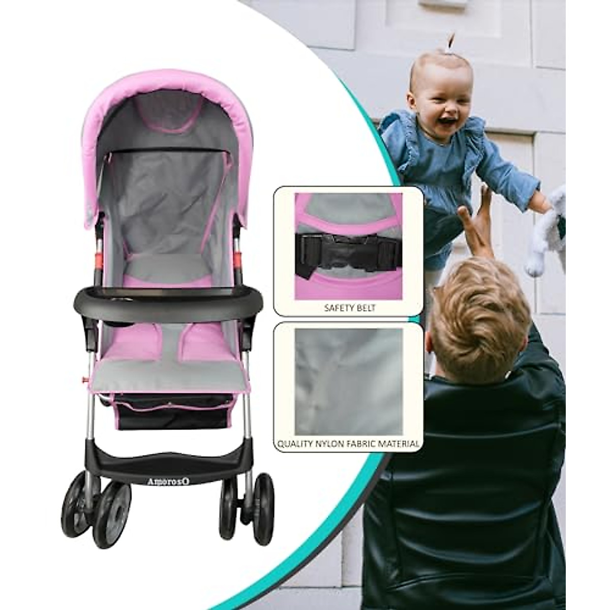 AmorosO Single Stroller - Baby Stroller with Four Wheels - Lightweight Stroller - Convertible Stroller with Extra Storage Space - Foldable Stroller with Sun Protection Hood Cover (Pink/Grey)