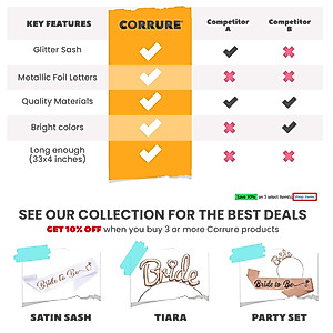 CORRURE 'Bride to Be' Sash for Bachelorette Party - Bridal Shower Silver Glitter Sash with Black Foil Lettering - Hen Party Decorations Supplies Accessories, Wedding Engagement Party Favors Gift