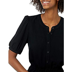 Amazon Essentials Women's Relaxed Fit Half-Sleeve Waisted Midi A-Line Dress, Black, Medium