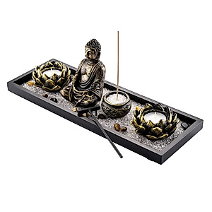 Jovivi Zen Garden Set Buddha Statue 2 Lotus Tealight Candle Holders, Mallet & Rocks and Crystals & Incense Burner Stick Holder Bowl & Wood Tray for Yoga Meditaion Home Table Decor Gift