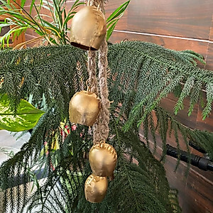 Handmade Brass Finish Hanging Bells for Door Chimes with Jute Rope, Shabby chic decorative bells for christmas 4 bells Wall Décor, winter holiday easter and home decor