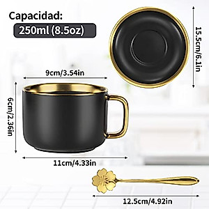 MSYSGQI European style Luxury Gold rim Tea cup and saucer Set,8.5 Oz Ceramic Tea Cup Coffee Cup Set(Black 4 pack)