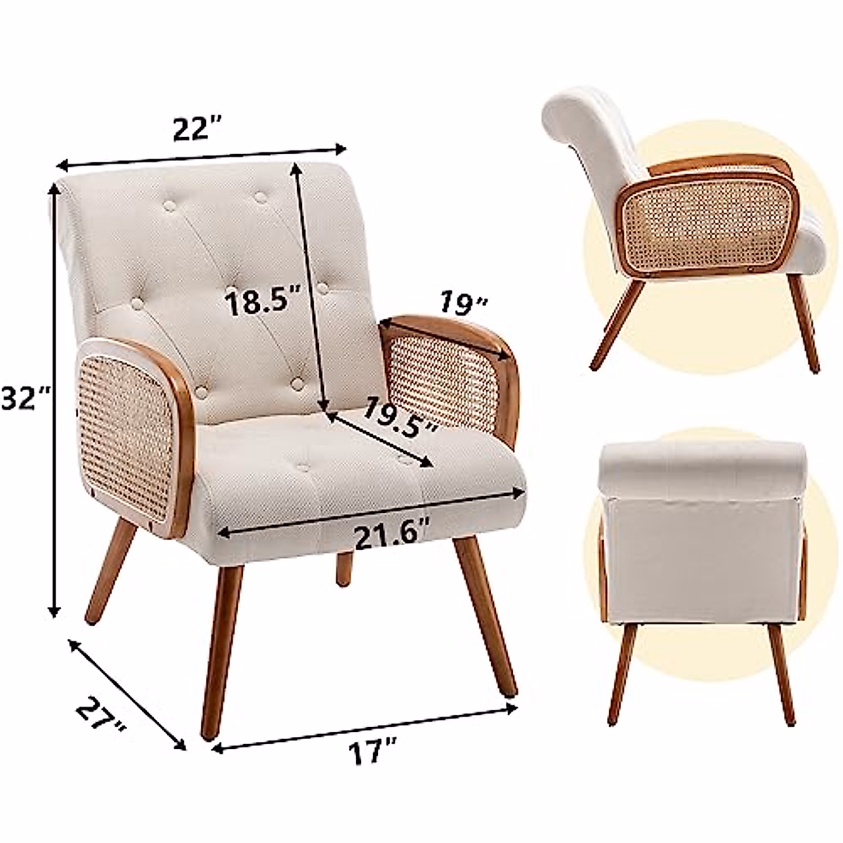 POINTANT Rattan Accent Chair Modern Chair with Rattan Arms Reading Side Mid Century Chair Living Room Chair Boho Chair with Wooden Frame for Home Bedroom Beige