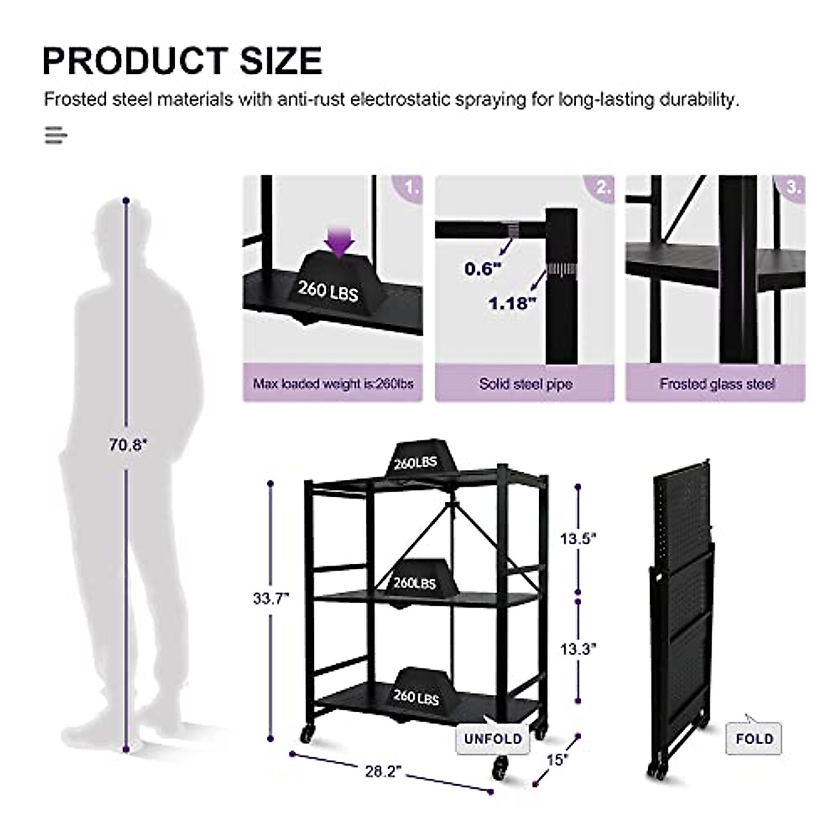 CuHome 3-Tier Foldable Storage Shelves with Wheels, Metal Folding Organizer Rack, Collapsible Shelves Heavy Duty Shelving Units for Kitchen Garage (3-Tier)