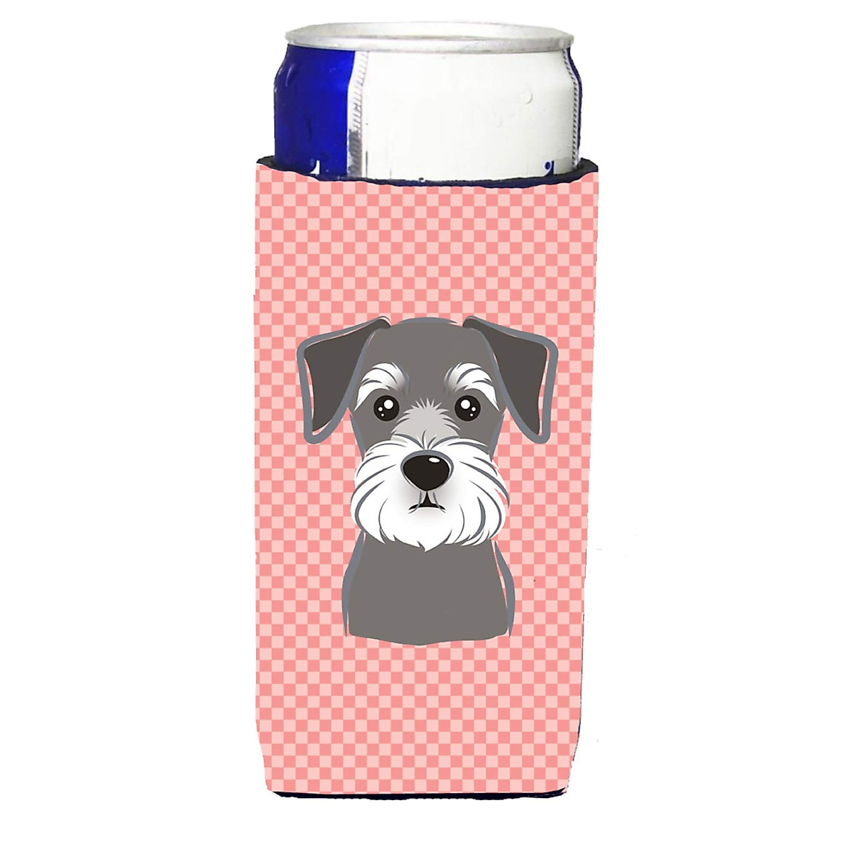 Caroline's Treasures BB1206MUK Checkerboard Pink Schnauzer Ultra Hugger for slim cans Can Cooler Sleeve Hugger Machine Washable Drink Sleeve Hugger Collapsible Insulator Beverage Insulated Holder