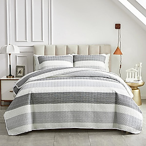 Joyreap 3-Piece Cotton Quilt Set King, Light Gray Penicl Line Stripes Printed on White, Smooth Soft Quilt Bedspread Bed Cover for All Season- 102x90 inches