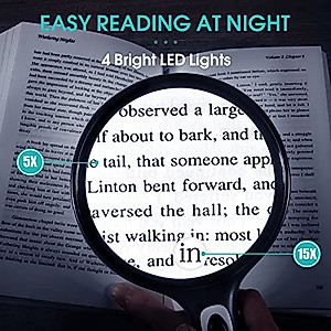 Magnifying Glass with Light, Large Magnifier 5X 15X Handheld Illuminated Lighted Magnifier with 4 LED Lights Storage Bag Clean Cloth for Seniors Reading, Inspection, Exploring