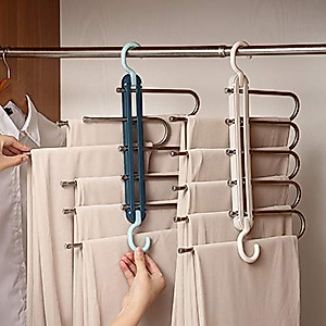 Unioax Pants Hangers Space Saving Pants Rack 5 in 1 Non-Slip Folding Trousers Hanger Multi-Functional Pants Organizer for Closet Wardrobe Scarf Jeans Ties Slacks Storage, Blue