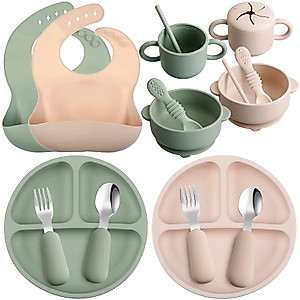 16 Pcs Baby Led Weaning Supplies Silicone Baby Feeding Set Baby Plates with Suction Baby Utensils with Divided Adjustable Bib Bowl Cutlery Snack Cup Spoons Straw 6 Months+ (Military Green, Beige)