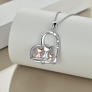 POPLYKE Cat Necklace for Women 925 Sterling Silver Family Cat Heart Necklace for Mother Grandma (silver-3 cats)