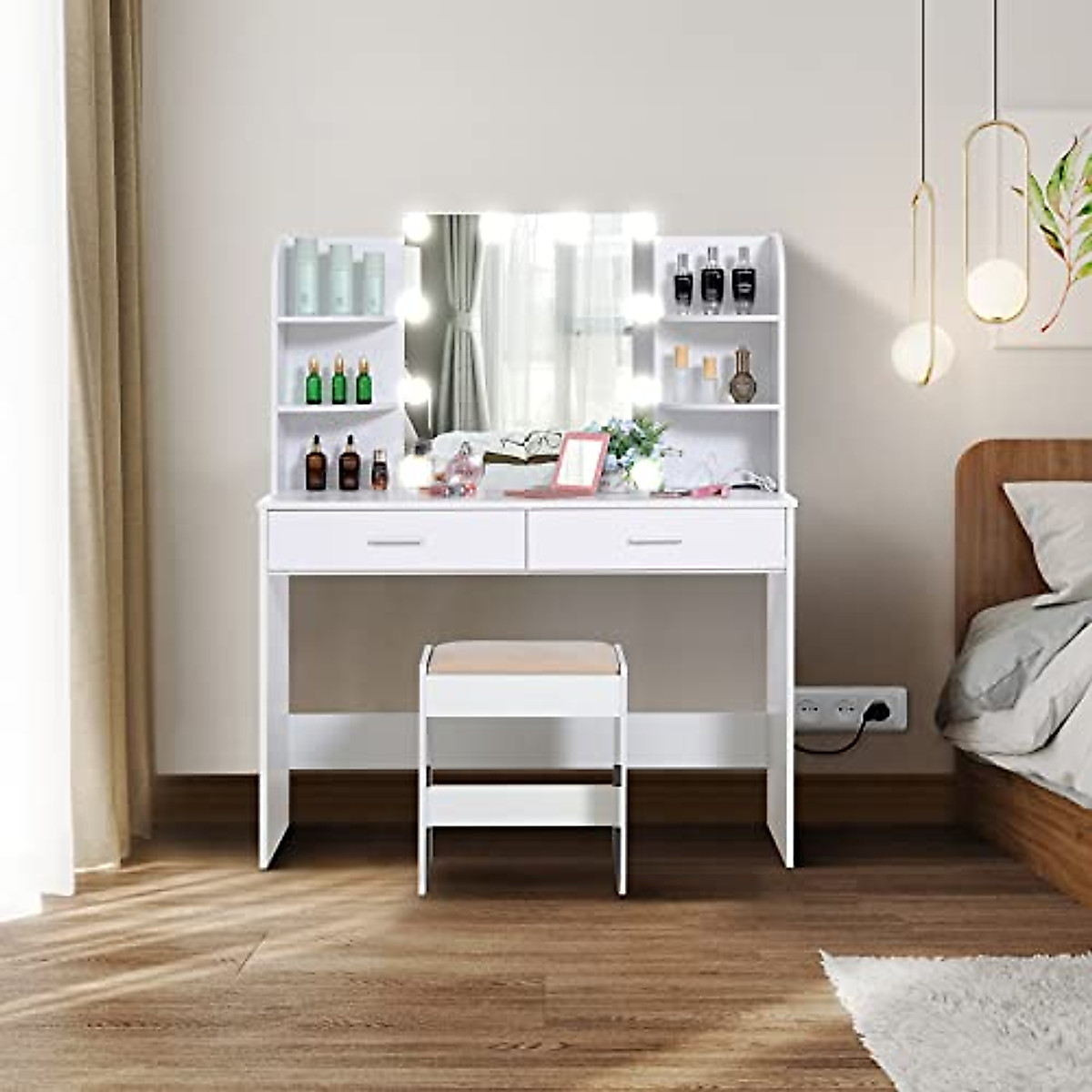 usikey Large Vanity Set with Lighted Mirror & Charging Station, Makeup Vanity Tables with 2 Drawers, 6 Shelves, 10 Embedded Light Bulbs, Vanity Desk with Cushioned Stool for Bedroom, White